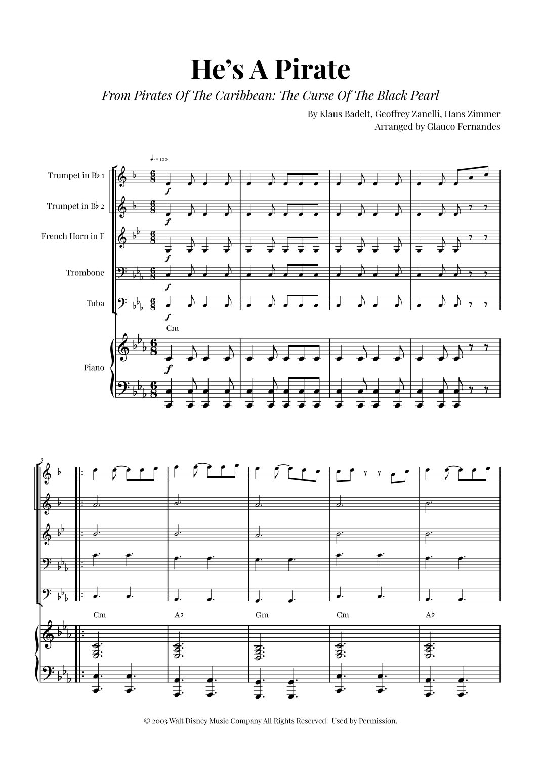He's A Pirate (arr. Glauco Fernandes) by Geoffrey Zanelli Sheet Music ...