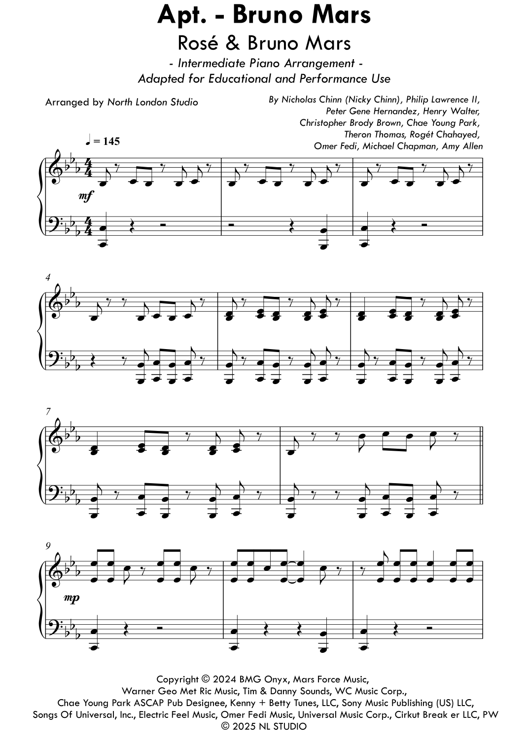 Apt. (arr. North London studio) by Rosé & Bruno Mars Sheet Music for ...