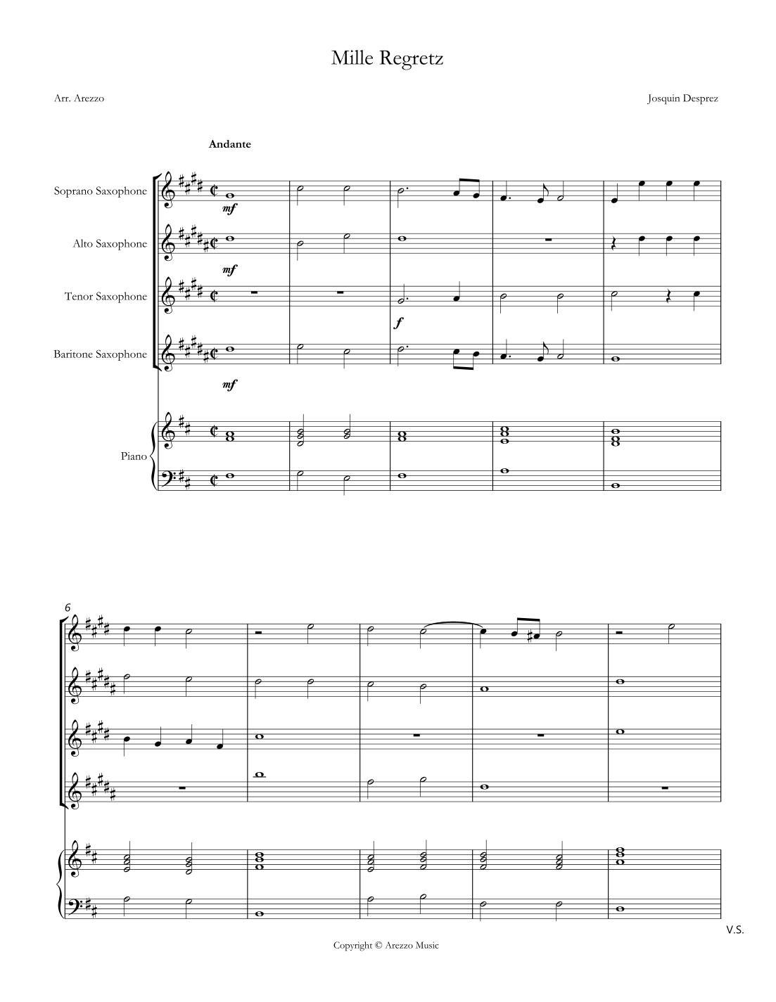 Josquin des Prez – Mille Regretz | Saxophone Quartet with Piano Sheet ...