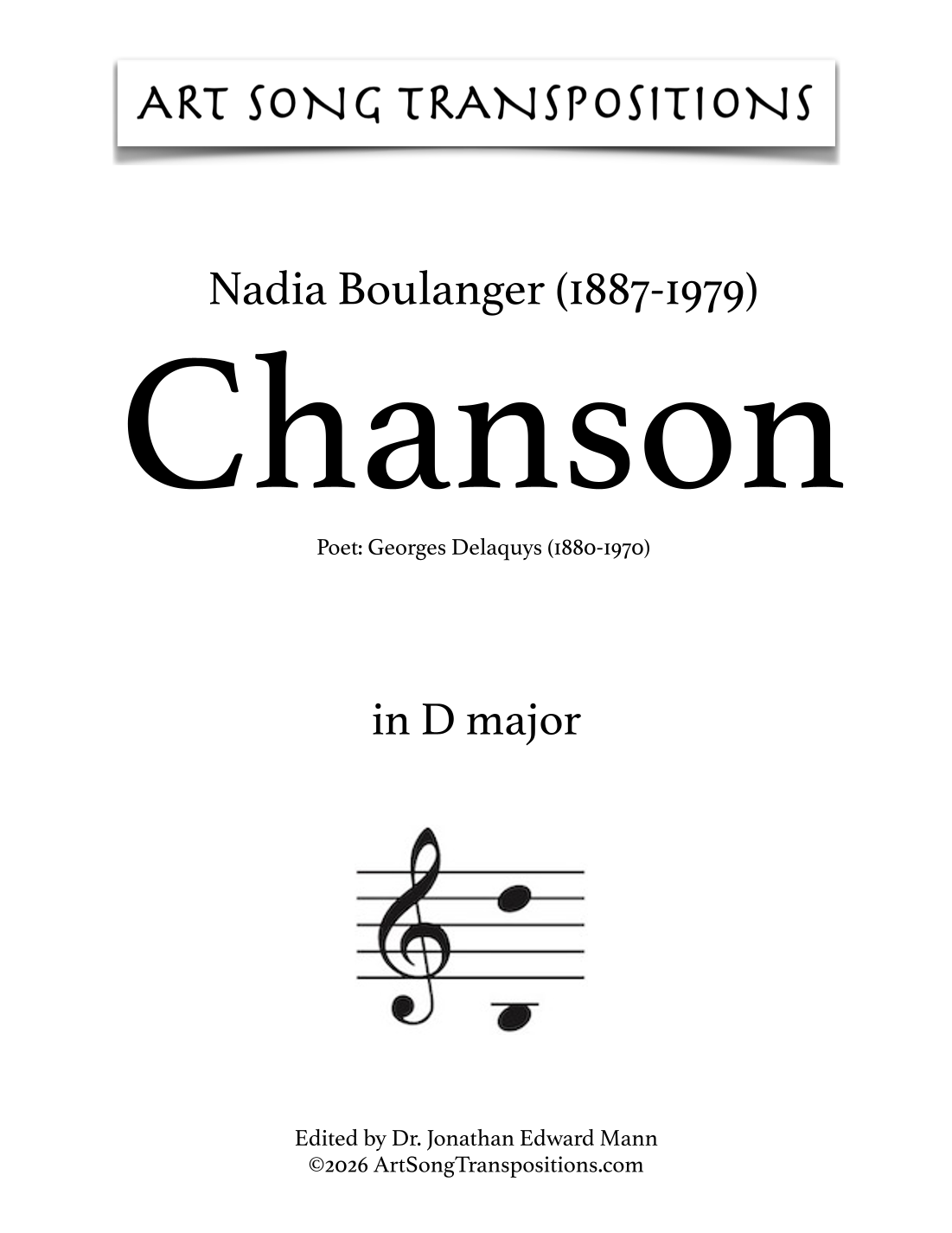 BOULANGER: Chanson (transposed to D major) (arr. ArtSongTranspositions ...