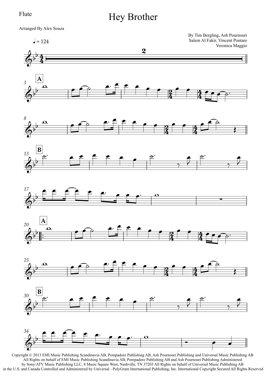 Hey Brother (arr. Alex Souza) by Avicii Sheet Music for Flute Solo at ...