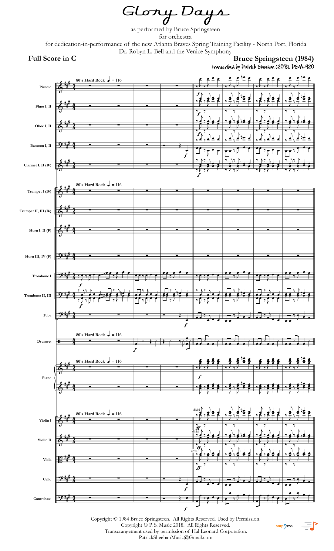 Glory Days (arr. Patrick Sheehan) by Bruce Springsteen Sheet Music for ...