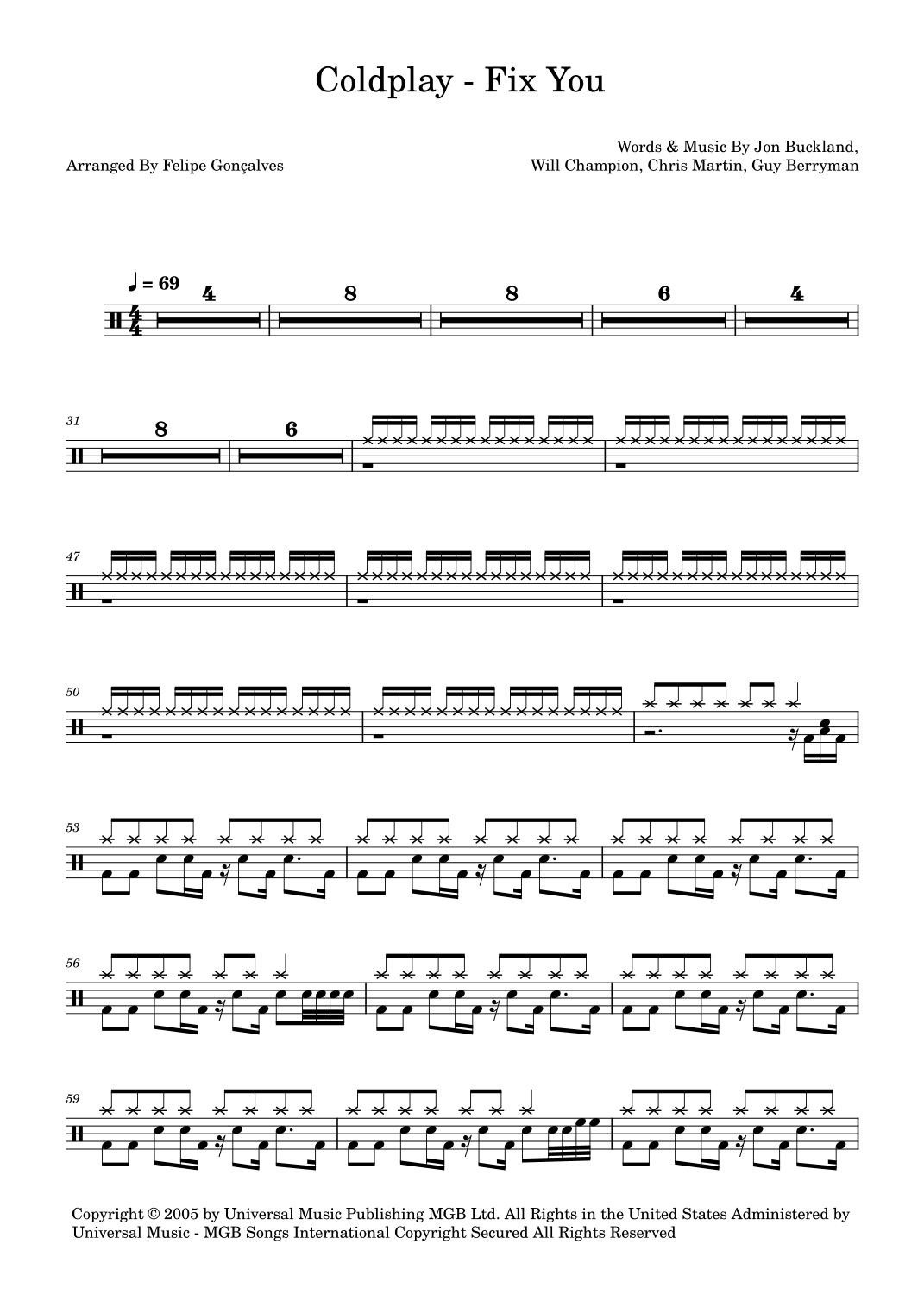 FIX YOU (ARR. THE NINJA) POR COLDPLAY PARTITURAS PARA TAMBORES EN SHEET ...