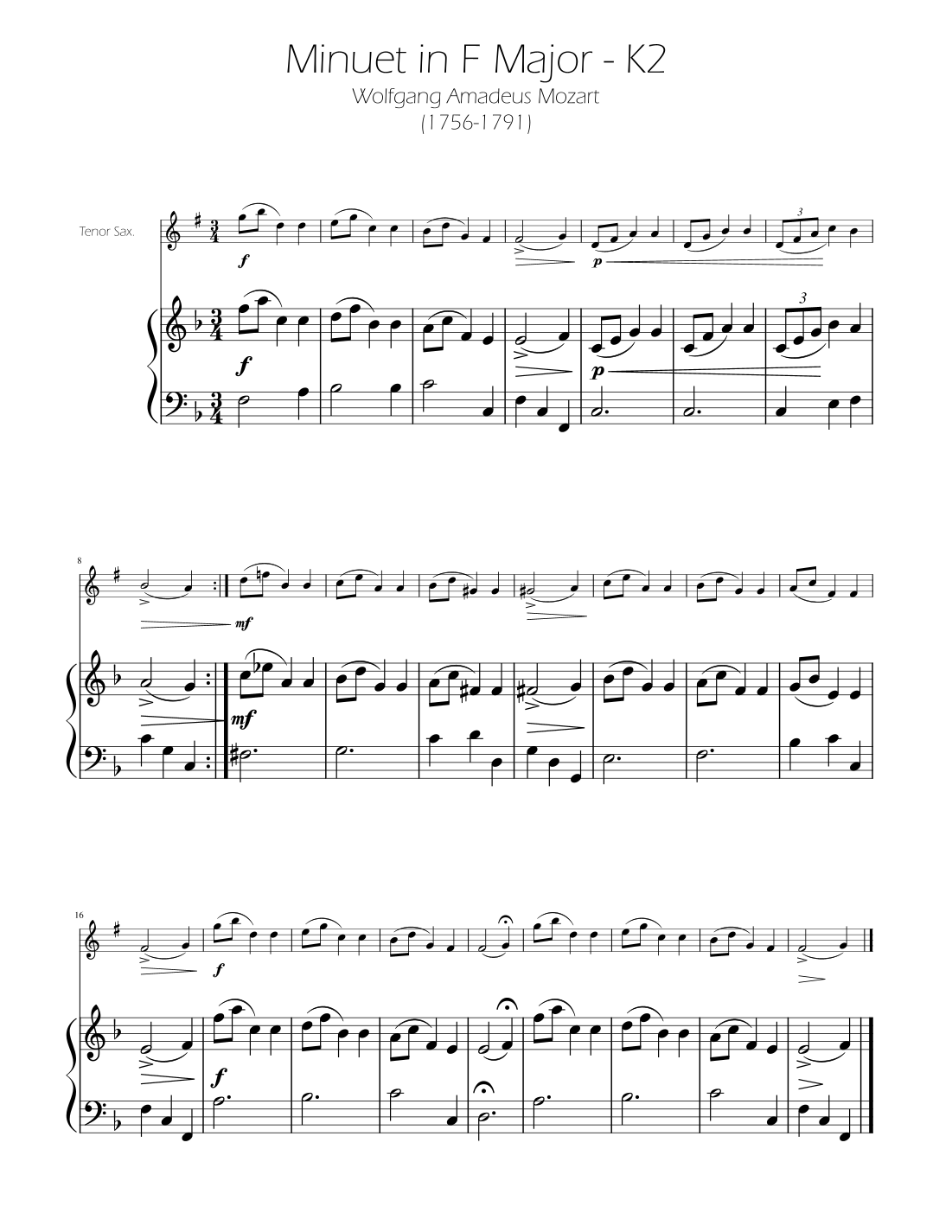 Mozart - Minuet in F Major K2 - Tenor Sax Solo w/Piano (arr. Ygor Nunes ...