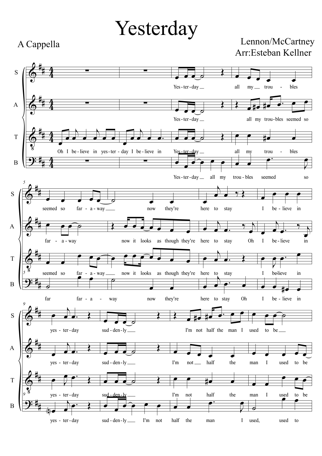 Yesterday (arr. Esteban Kellner) by Adam Levine & Tony Lucca Sheet ...