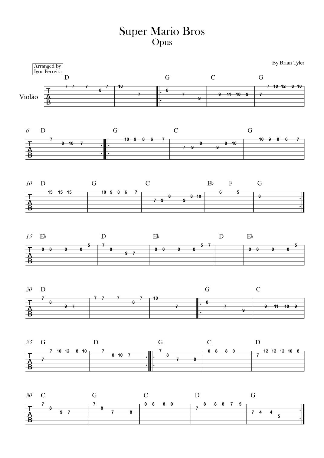 Super Mario Bros. Opus (arr. Igor Ferreira) by Brian Tyler Sheet Music ...