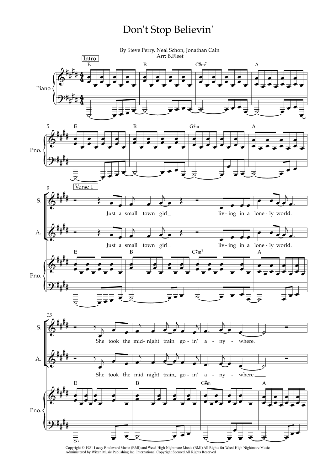 Don't Stop Believin' (arr. B. Fleet) by Journey Sheet Music for Choir ...