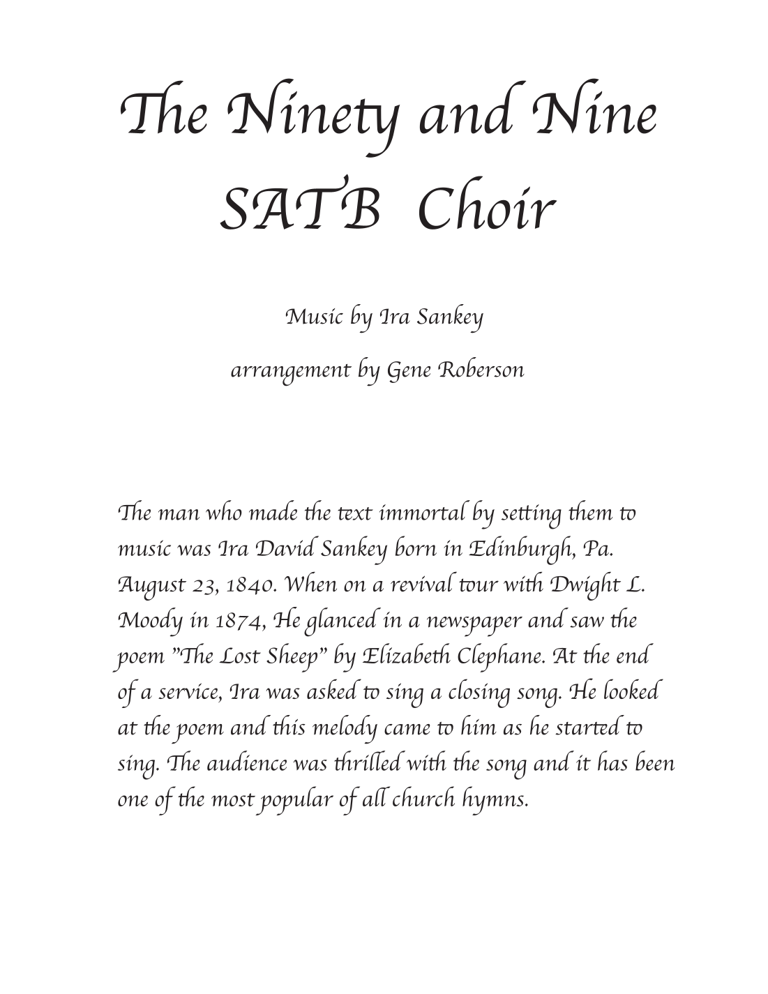 The Ninety and Nine SATB (arr. Gene Roberson) by Gene Roberson Sheet ...