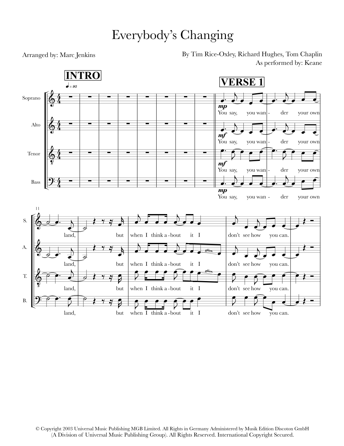 Everybody's Changing (arr. Marc Jenkins by Keane Sheet Music for SATB ...