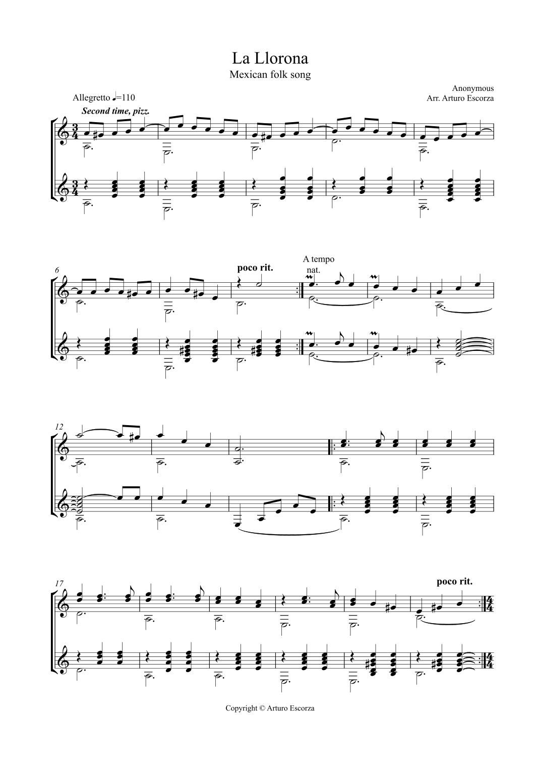 "La Llorona" for two guitars - Mexican folk song (arr. Arturo Escorza ...