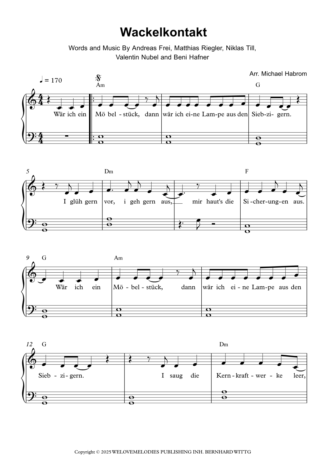 Wackelkontakt (arr. Michael Habrom) by OIMARA Sheet Music for Easy Piano at Sheet Music Direct