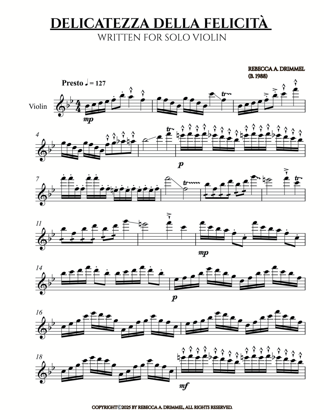 Delicatezza della felicità by Rebecca A. Drimmel Sheet Music for Violin ...