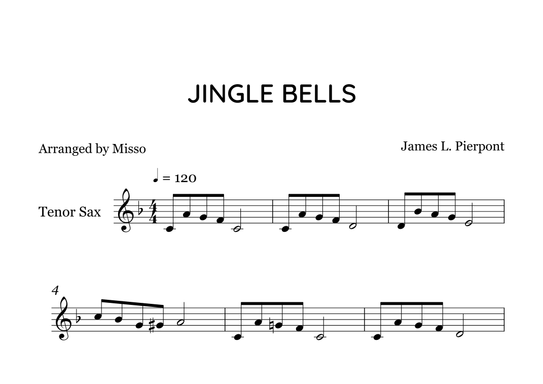 Jingle Bells - Tenor Sax in Eb Major - Easy (arr. MissoRB) by James L ...