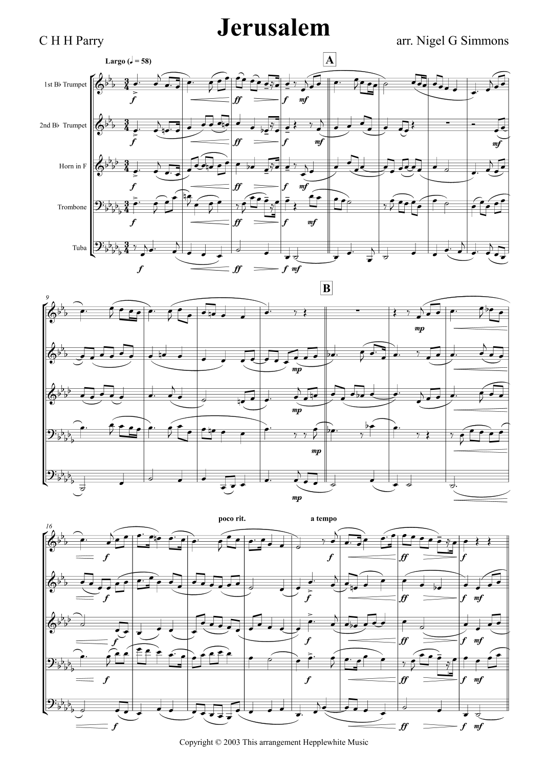 Jerusalem (arr. Nigel Simmons) by Nigel Simmons Sheet Music for Brass ...