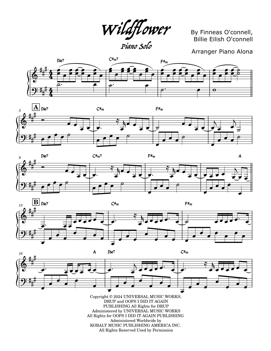 Wildflower (arr. Piano Alona) von Billie Eilish Noten zum Klavier solo ...