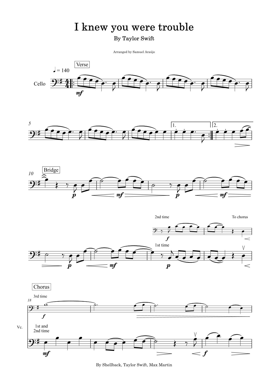 I Knew You Were Trouble (arr. Saa composition) Partituras | Taylor ...