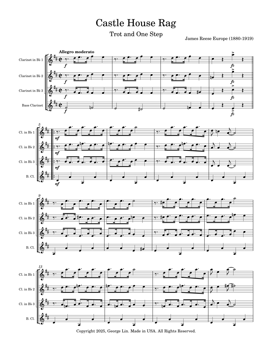 Castle House Rag (arr. George Lin) by James Reese Europe Sheet Music ...