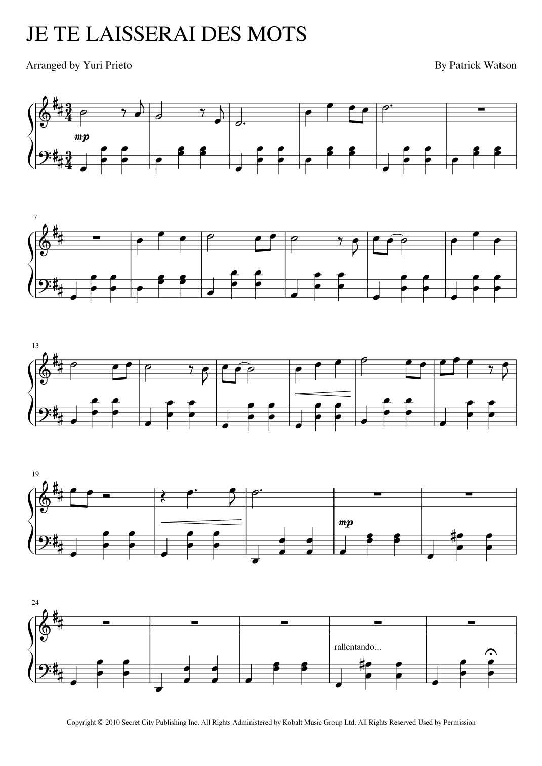 Je Te Laisserai Des Mots (arr. Yuri Prieto) by Patrick Watson Sheet Music for Piano Solo at ...