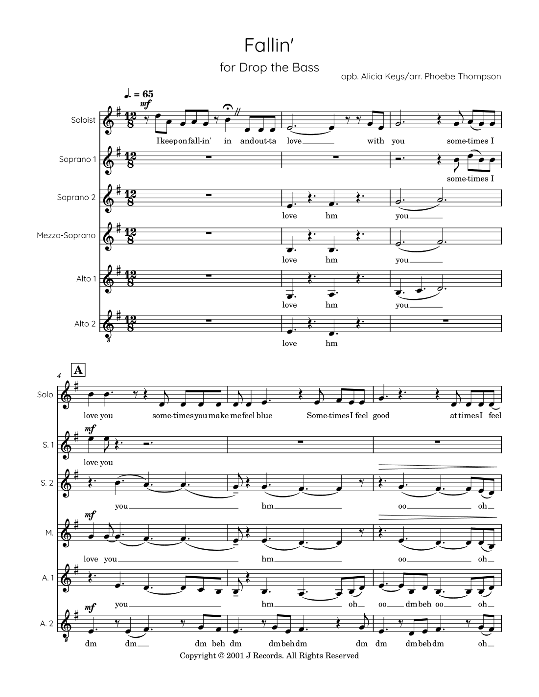 Fallin' (arr. Phoebe Thompson) by Alicia Keys Sheet Music for Choir at ...