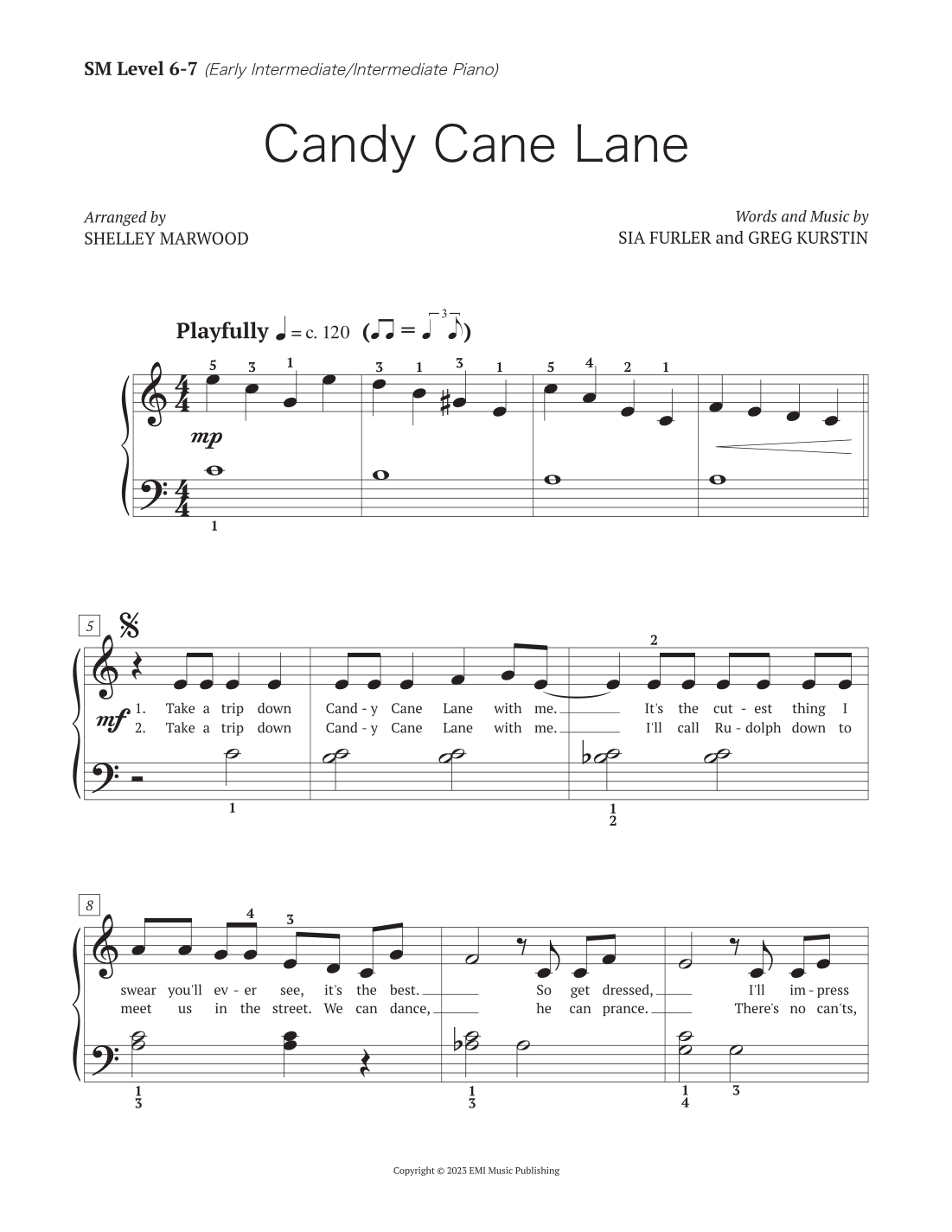 Candy Cane Lane (arr. Shelley Marwood) by Sia Sheet Music for Easy ...