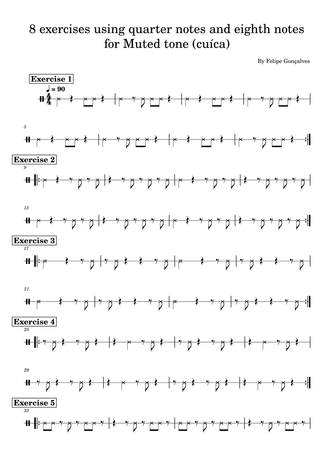 8 exercises using quarter notes and eighth notes for Muted tone (cuíca ...