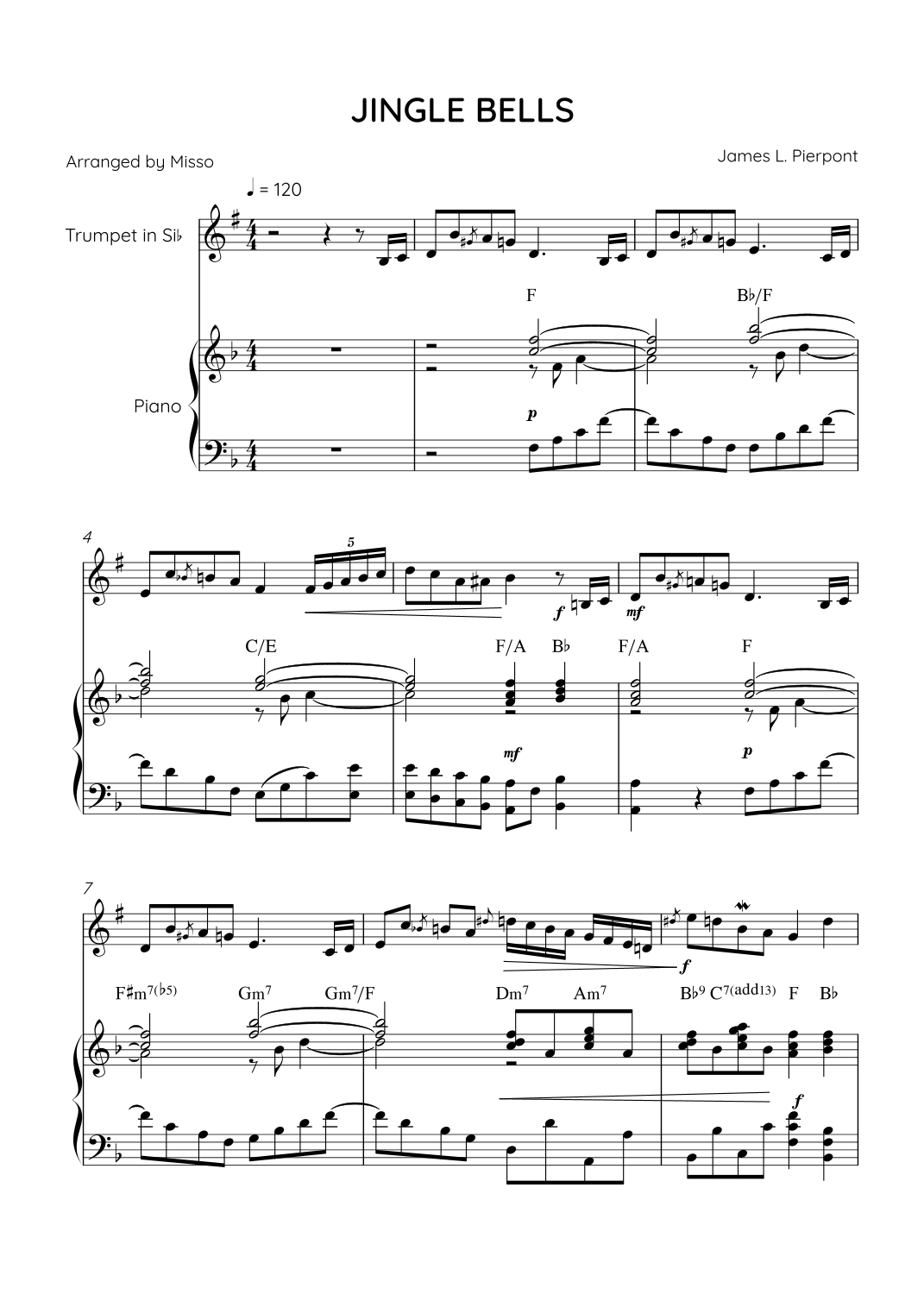 Jingle Bells - Trumpet & Piano in F Major (Advanced With Chords) (arr ...