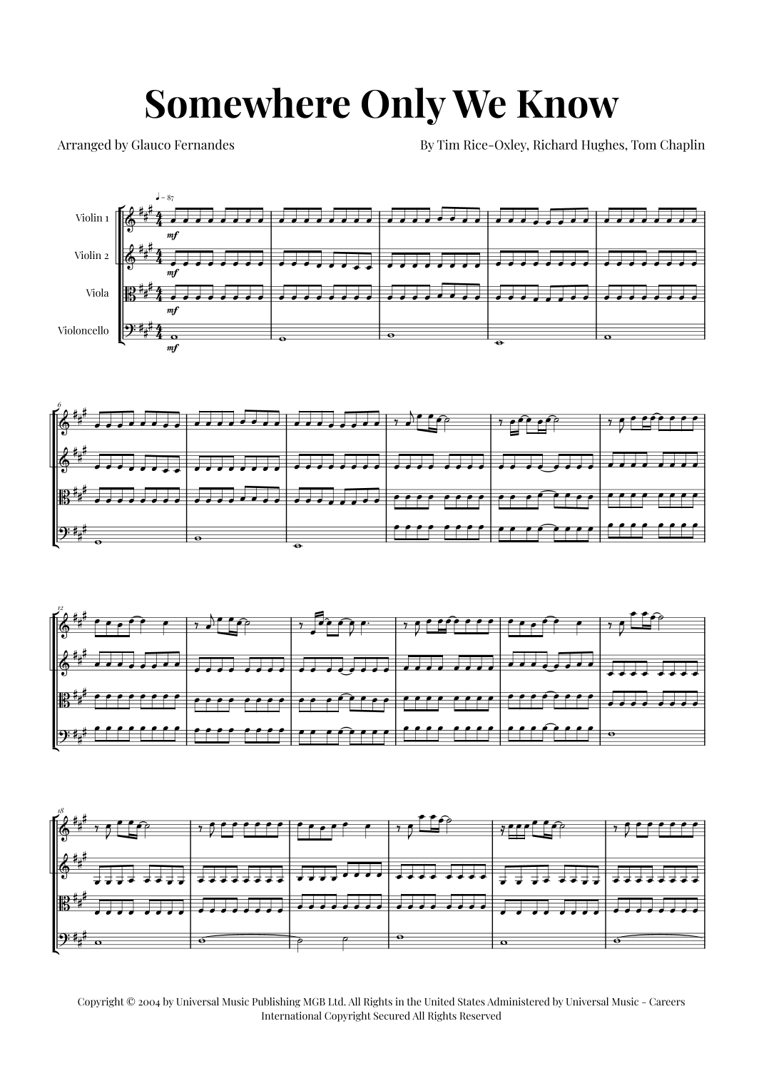 Somewhere Only We Know (arr. Glauco Fernandes) by Keane Sheet Music for String Quartet at Sheet ...