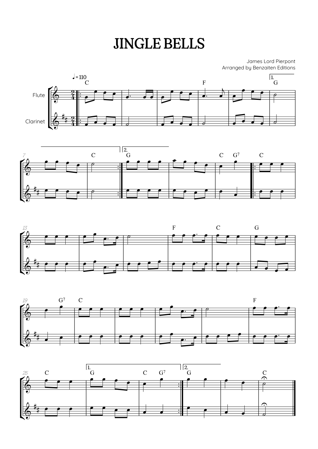 Jingle Bells • Christmas Song | flute & clarinet duet sheet music ...