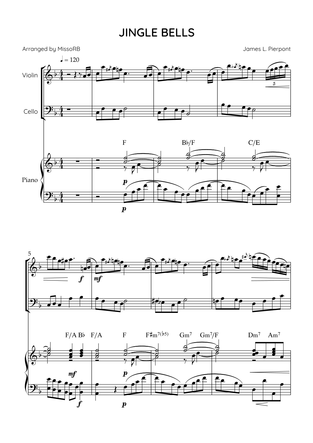 Jingle Bells - Violin, Cello & Piano in F Major (Advanced With Chords ...