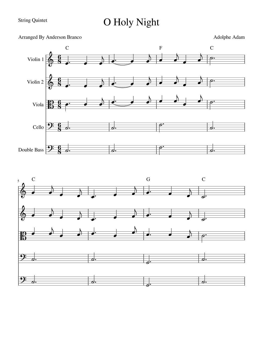 O Holy Night (Easy String Quintet Arrangement W/ Chord Symbols) (arr ...