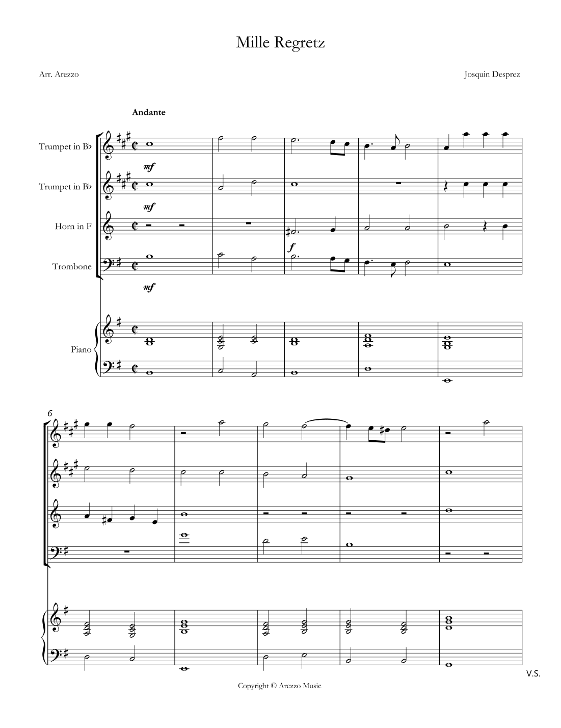 Josquin des Prez – Mille Regretz | Brass Quartet Sheet Music with Piano ...