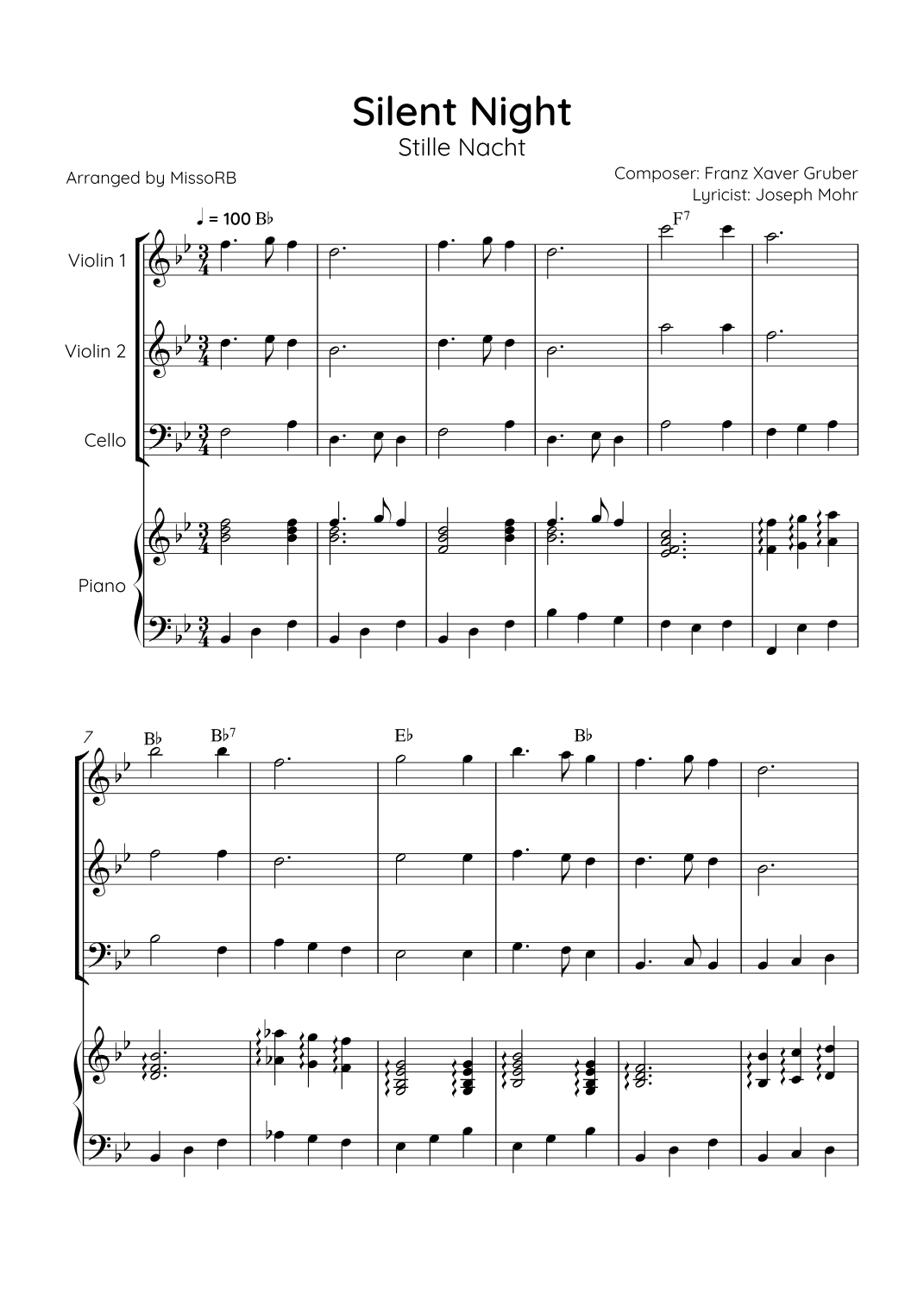 Silent Night" (Stille Nacht) - Duet Violin in Bb With Chords - Easy ...