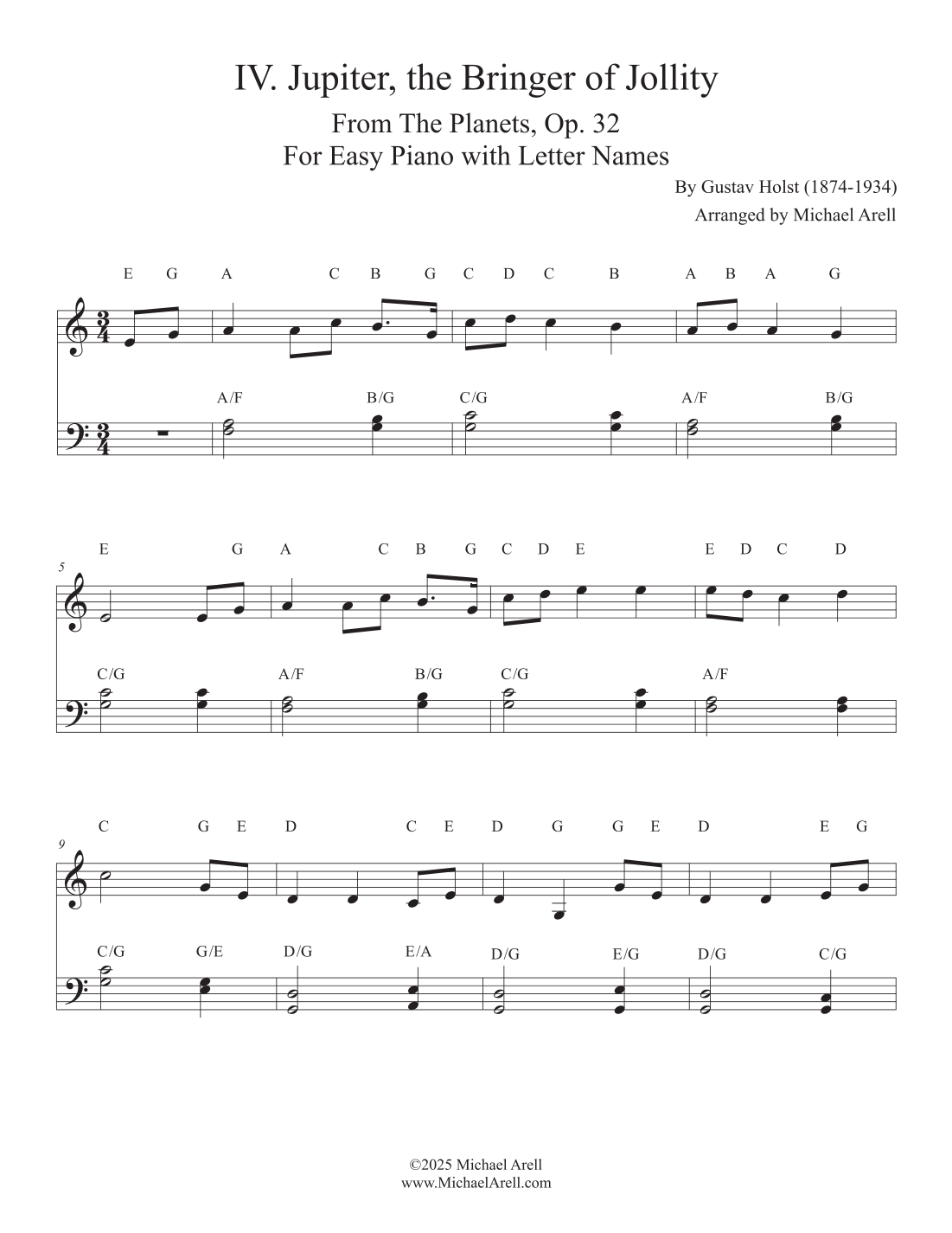 Holst's Jupiter from The Planets for Easy Piano (arr. Michael Arell) by ...