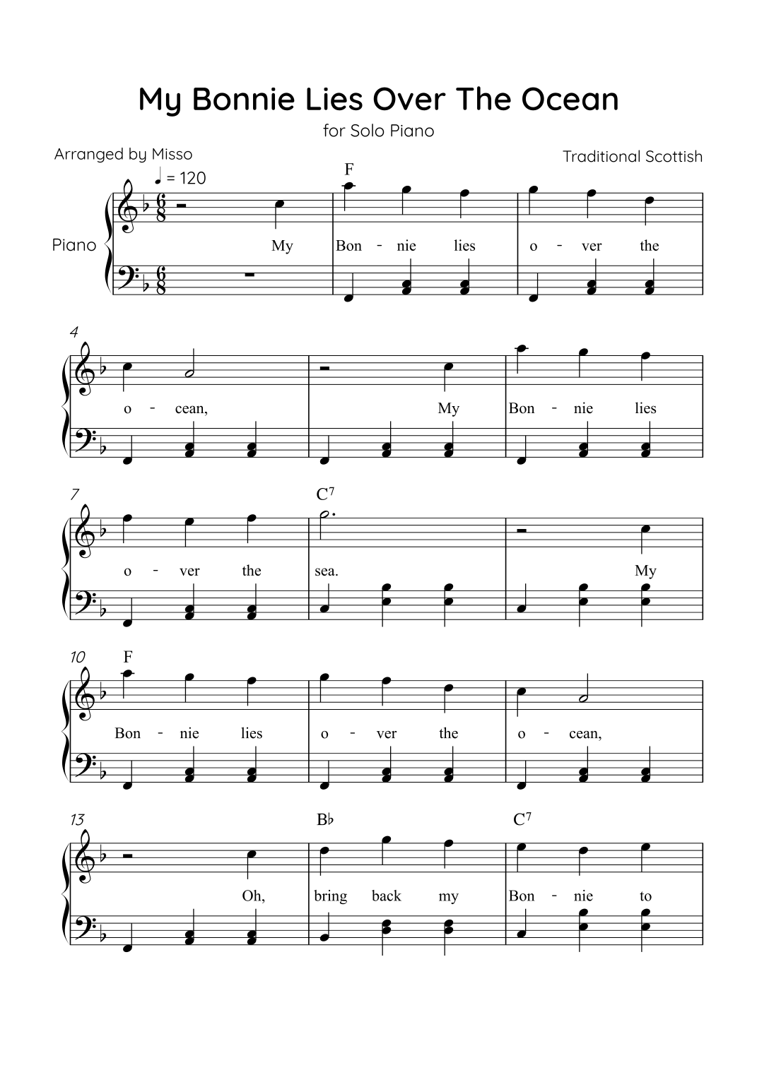 My Bonnie Lies Over The Ocean - Solo Piano in F Major Easy With Lyrics ...
