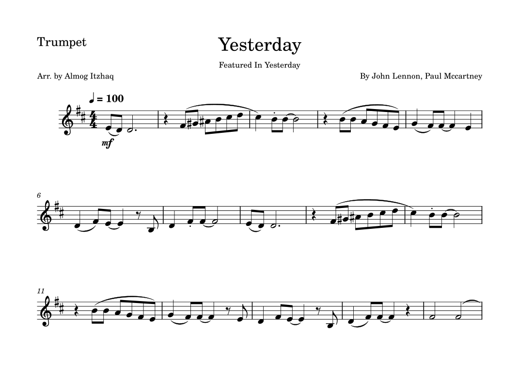 Yesterday (arr. Almog Itzhaq) by The Beatles Sheet Music for Trumpet ...