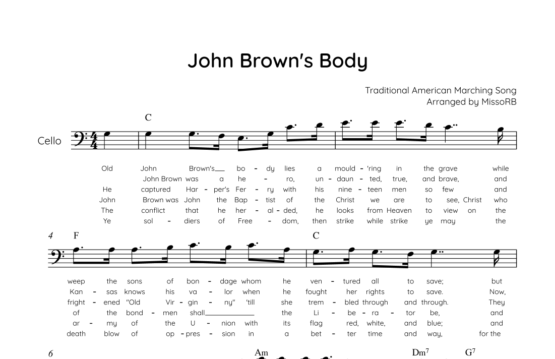John Brown's Body - Cello in C With Chords & Lyric (arr. MissoRB) by ...