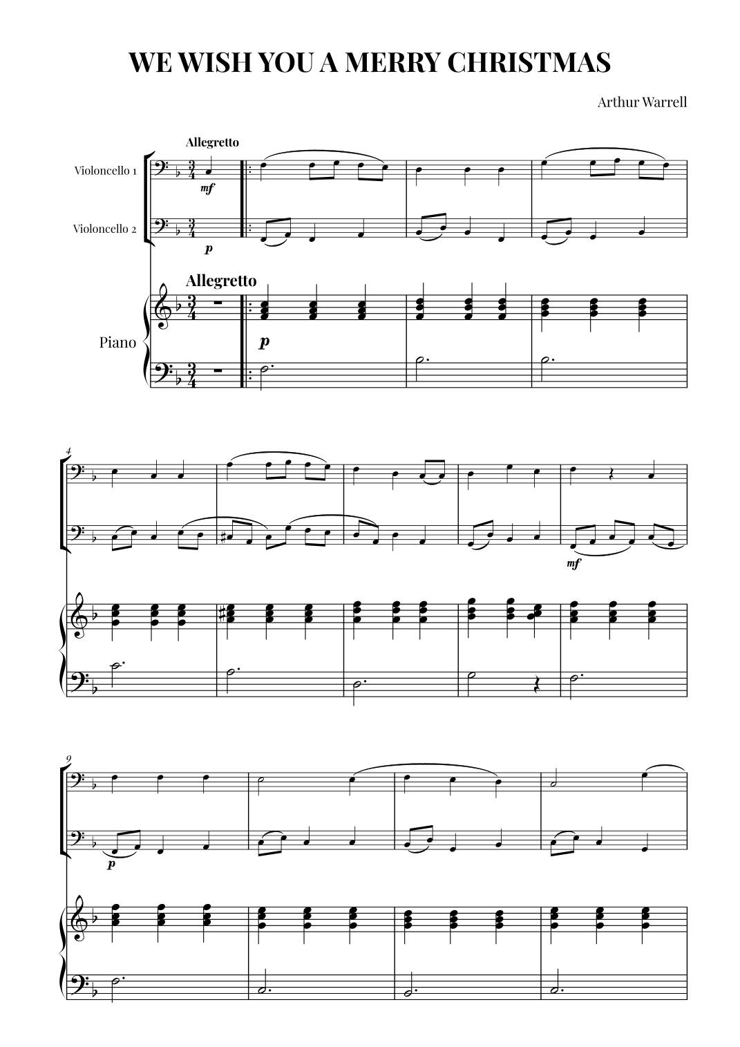 We Wish You a Merry Christmas - Easy Cello Duet with Piano (arr ...