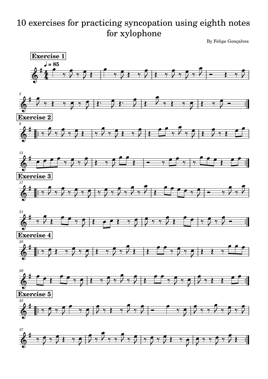 10 exercises for syncopation using eighth notes for xylophone in G ...