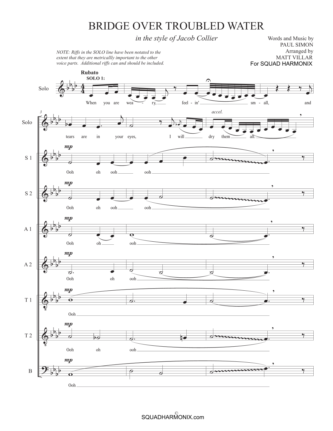 Bridge Over Troubled Water (arr. Matt Villar) by Aretha Franklin Sheet ...
