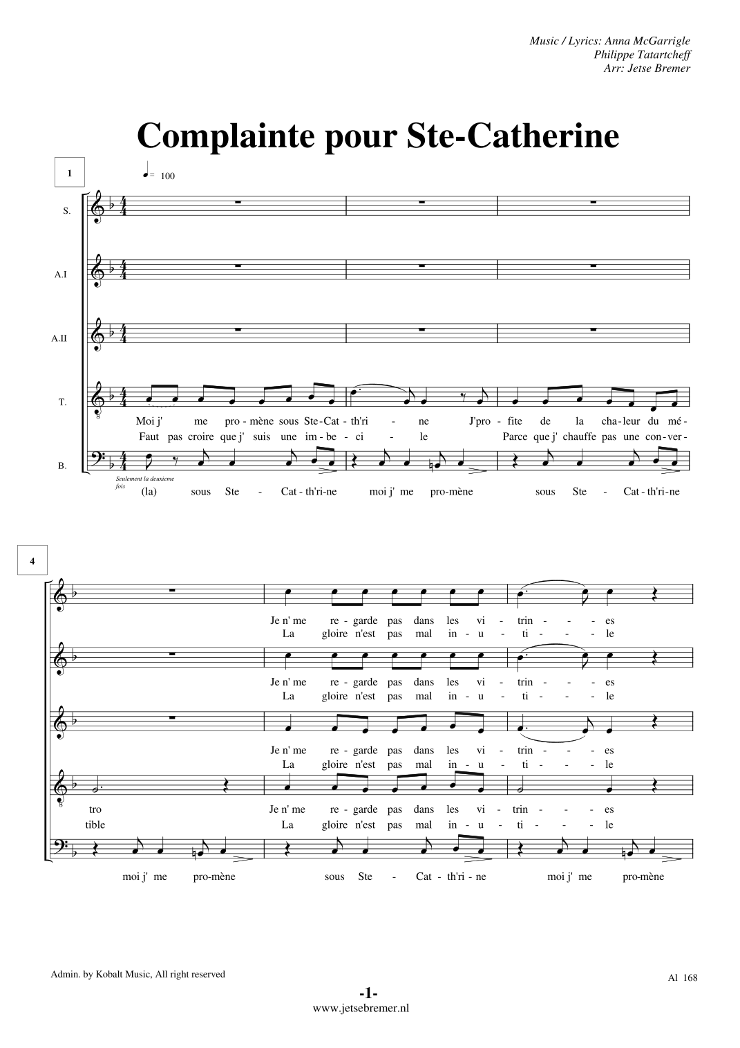 Complainte Pour Ste. Catherine (arr. Jetse Bremer) by Anna McGarrigle ...