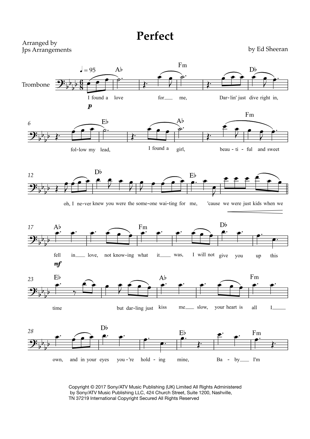 Perfect (arr. Jps Arrangements) by Ed Sheeran Sheet Music for Trombone ...