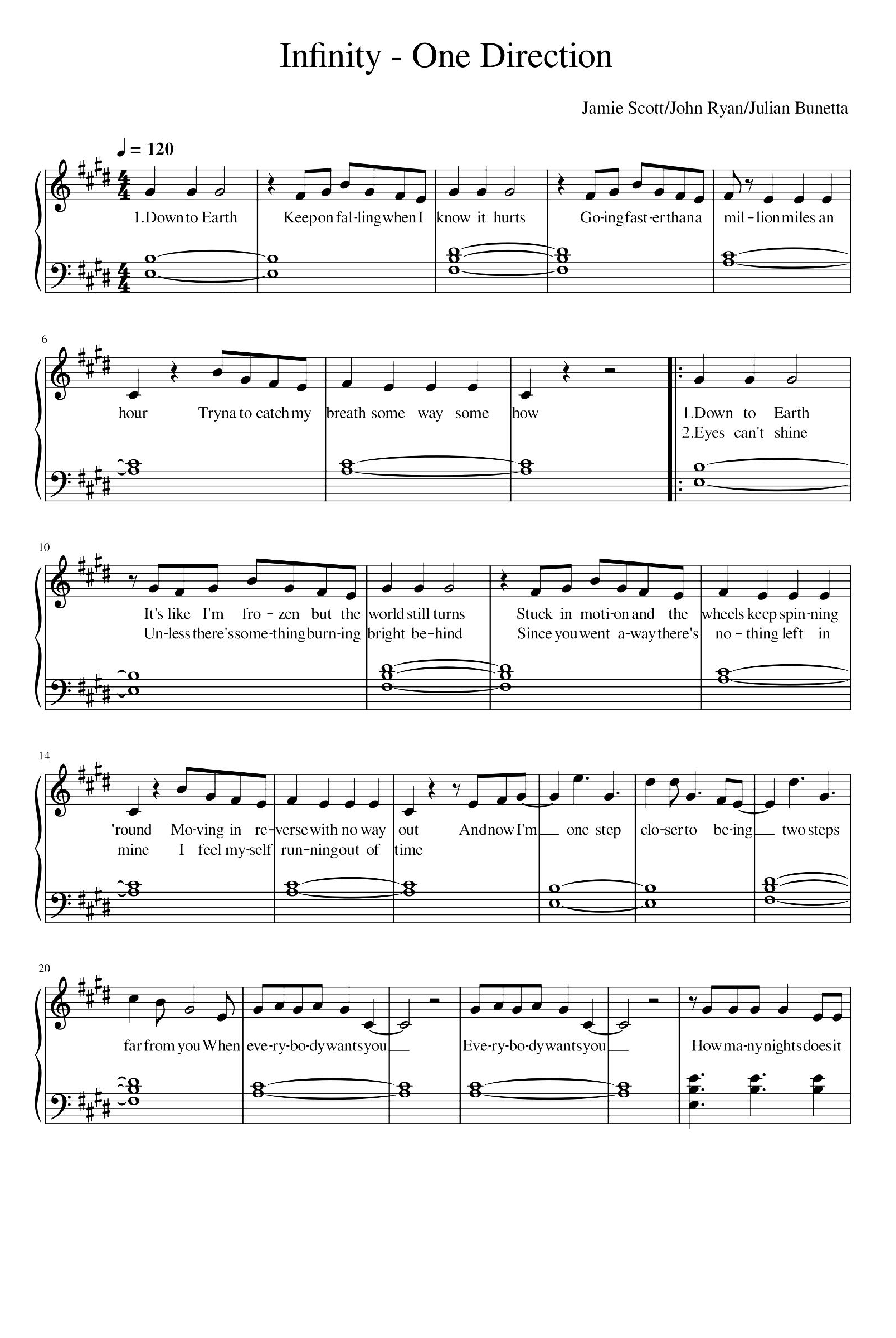 Infinity (arr. One Direction) by One Direction Sheet Music for Piano ...