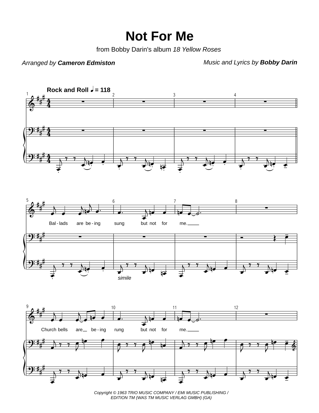 Not For Me (arr. Cameron Edmiston) by Bobby Darin Sheet Music for Piano ...
