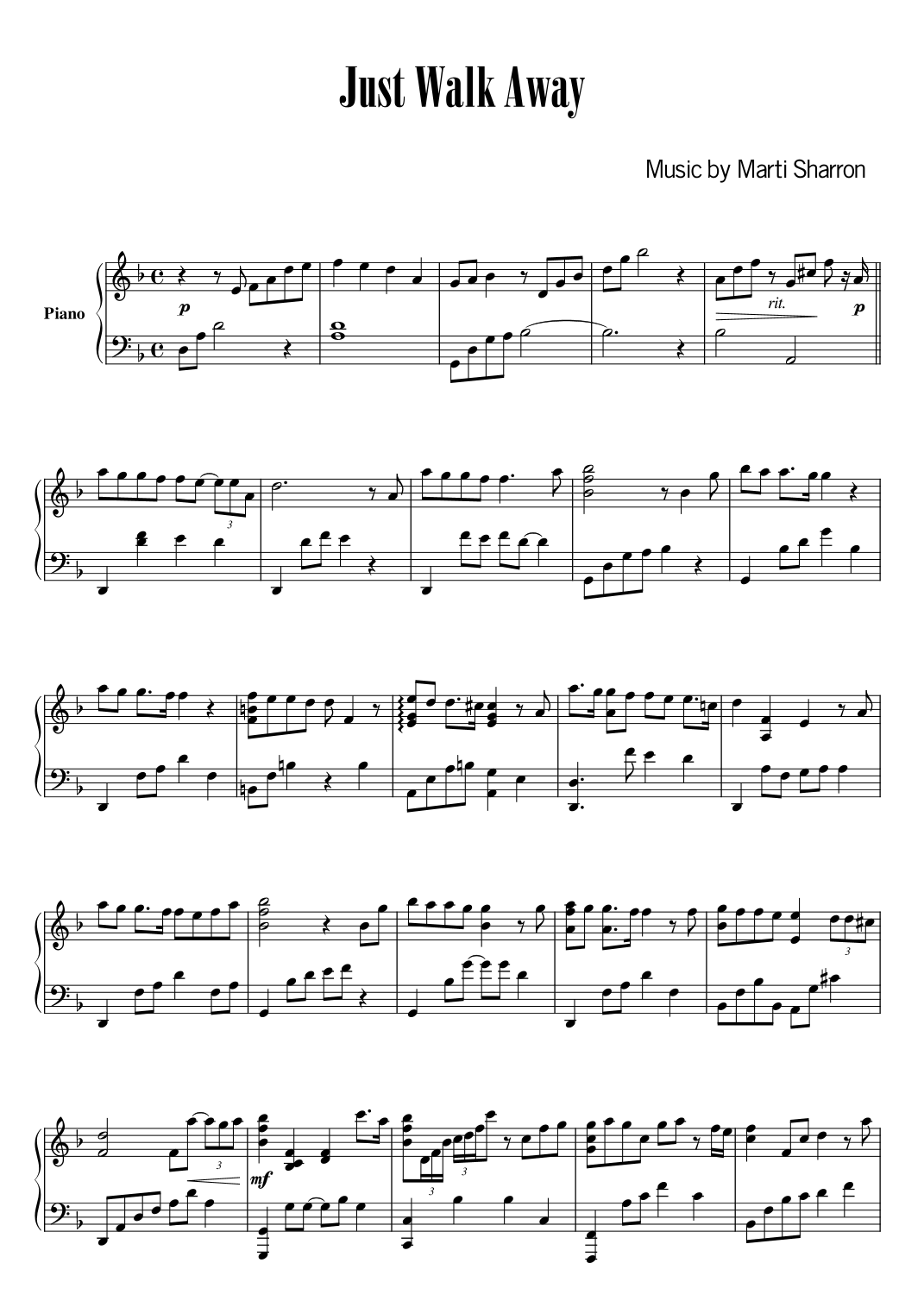 JUST WALK AWAY (arr. BNTT-Piano) by Marti Sharron Sheet Music for Piano ...
