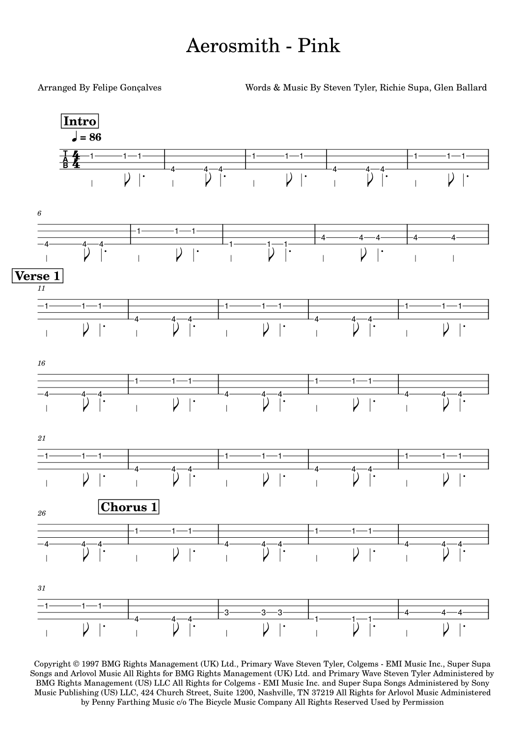 Pink (arr. Felipe Gonçalves) by Aerosmith Sheet Music for Bass Guitar ...