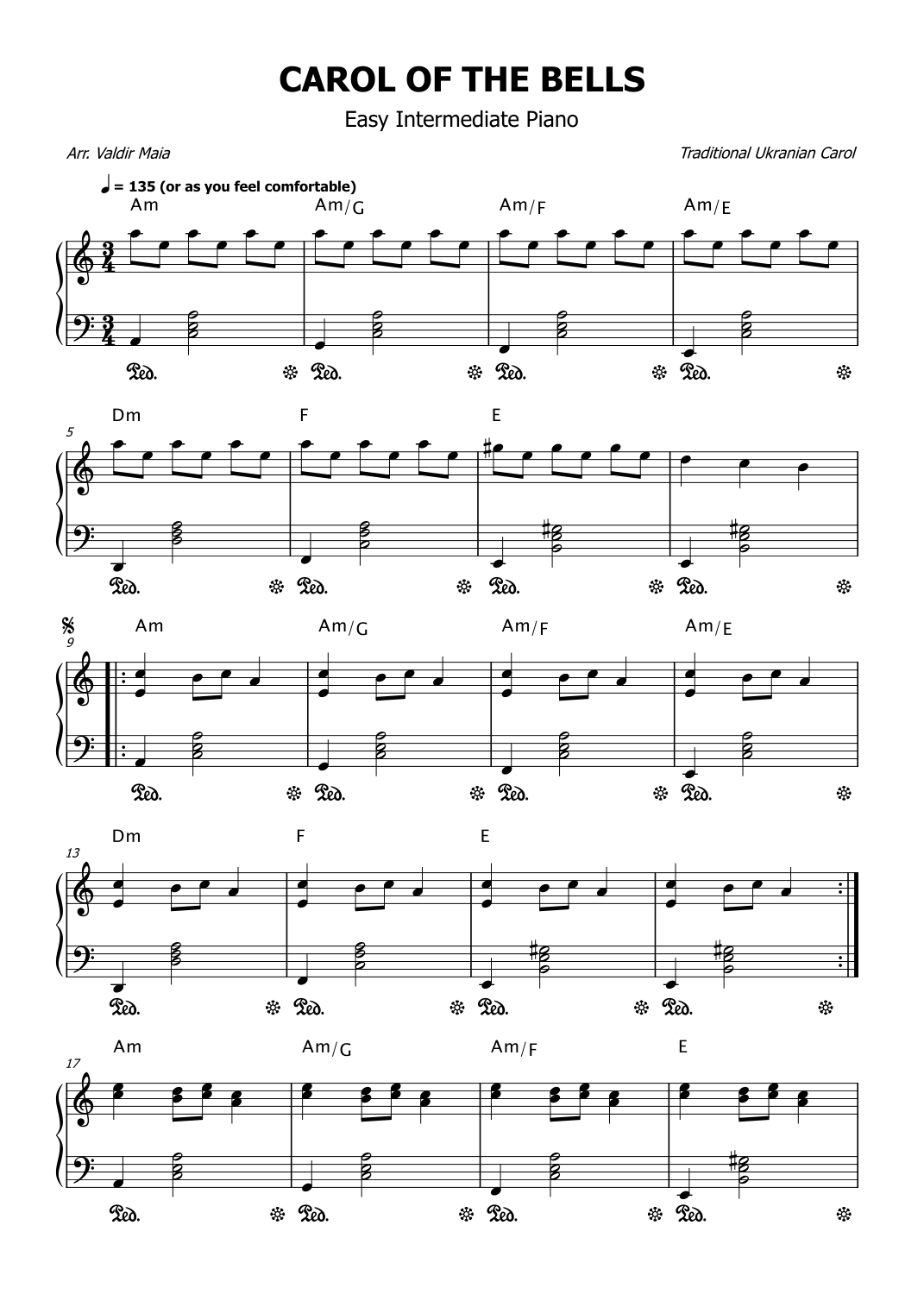 Carol of the Bells – Easy Intermediate Piano (arr. Valdir Maia) by ...