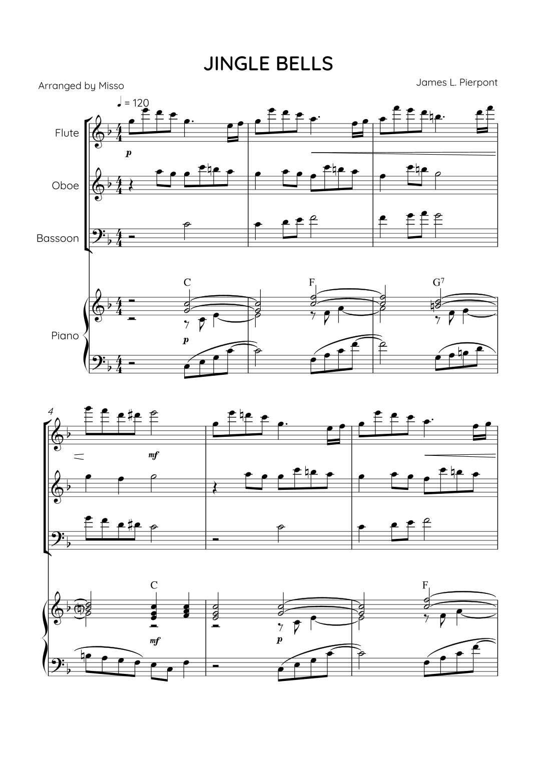 Jingle Bells - Flute, Oboe & Bassoon and Piano in F Major - Intermediate With Chords (arr ...