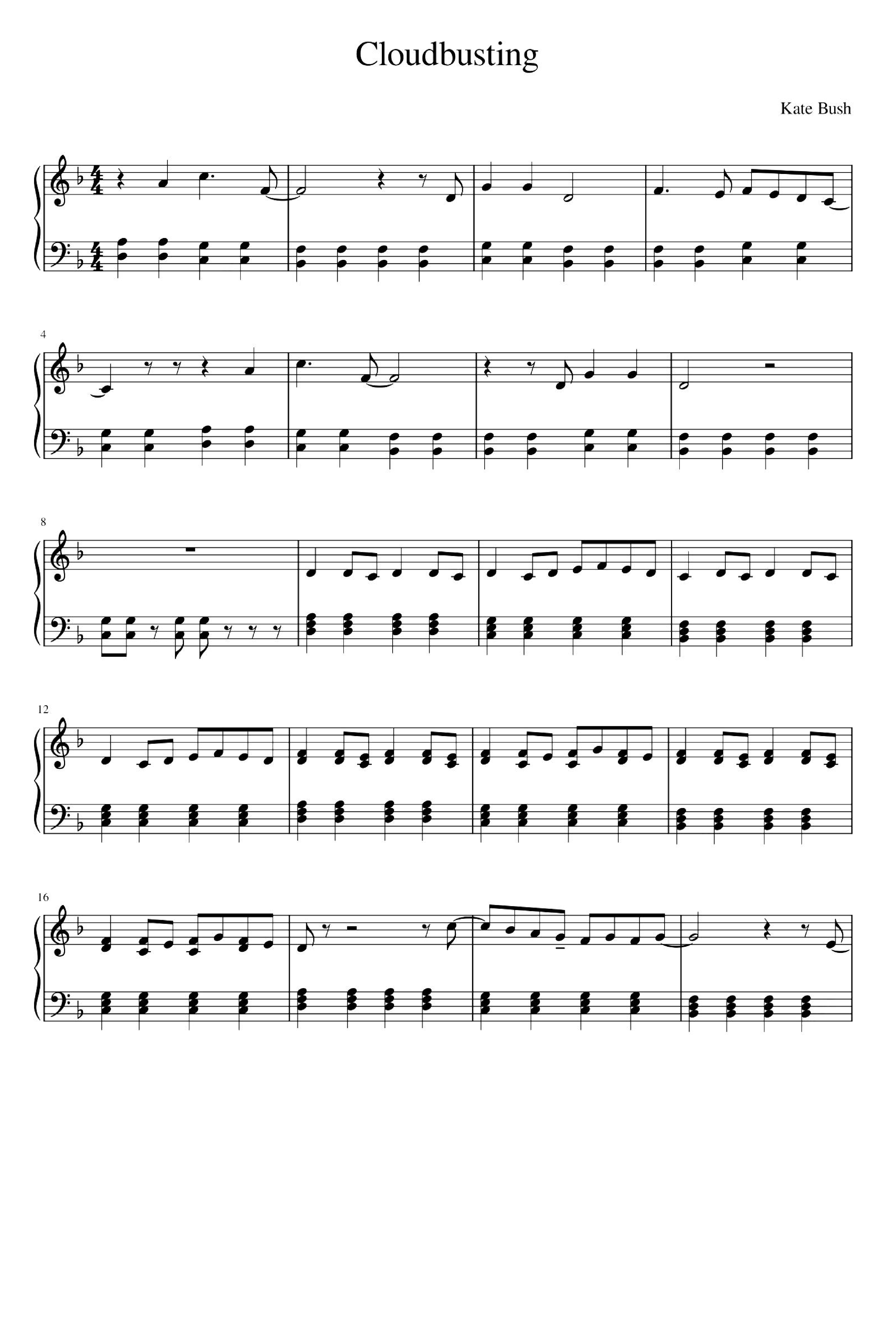 Cloudbusting (arr. Kate Bush) by Kate Bush Sheet Music for Piano Solo ...