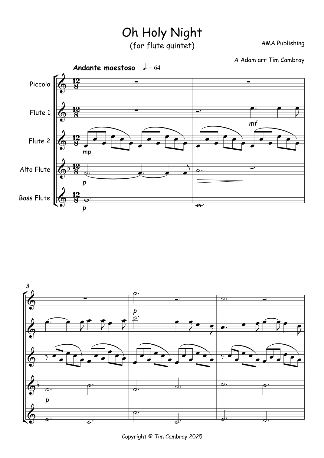Oh Holy Night (arr. Tim Cambray) by A Adam Sheet Music for Woodwind ...