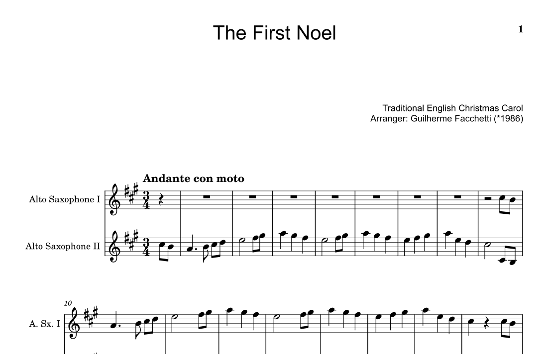 The First Noel - Arranged for A. Sax. Duet. (arr. Guilherme Facchetti ...